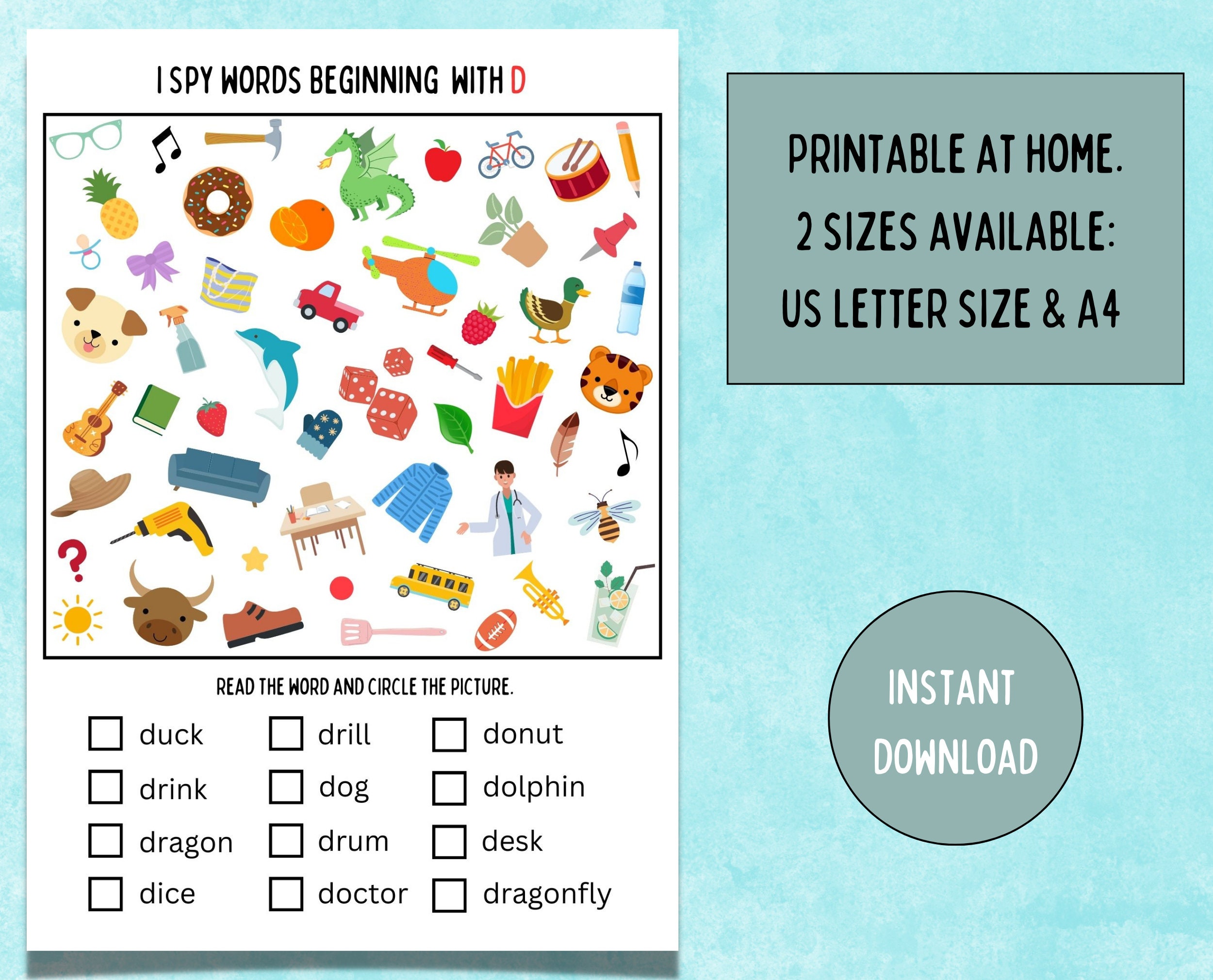 I Spy Words Beginning With D Printable, Initial Sounds Worksheet, Learn ...
