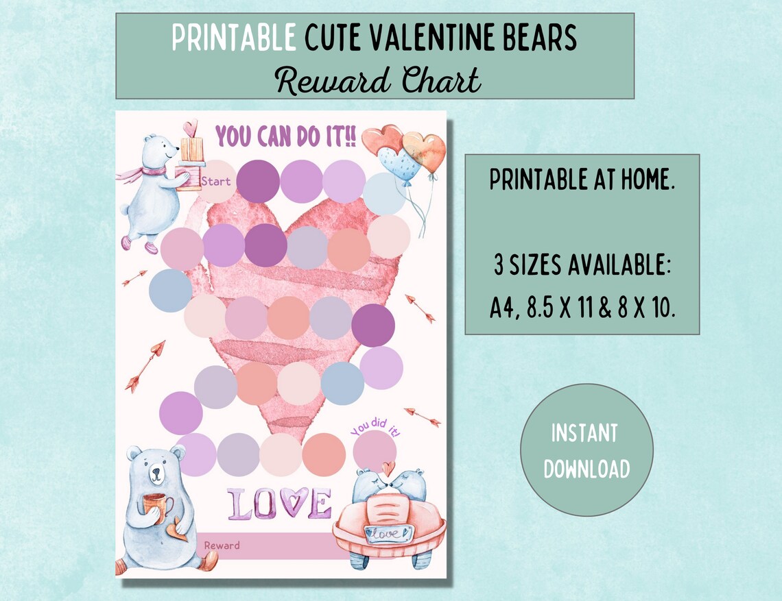 Valentines Kids Reward Chart, Printable Sticker Chart, Toddler Chore ...