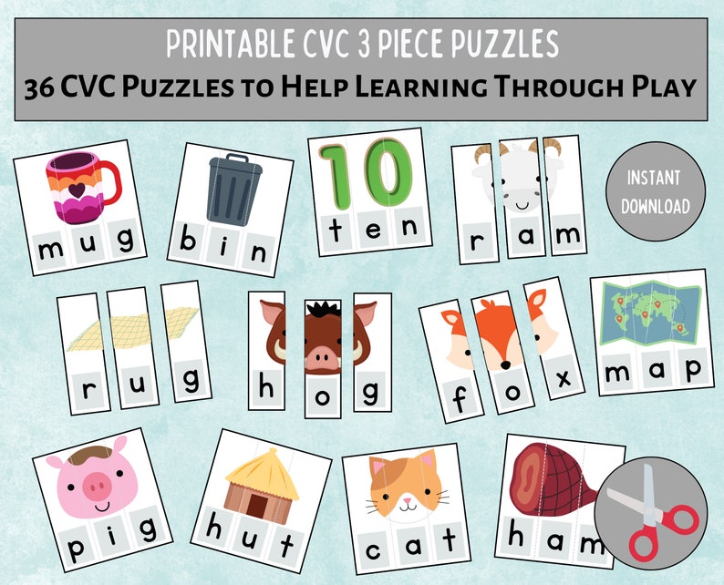 CVC Printable Word Puzzles, Preschool Worksheets, Homeschool CVC ...