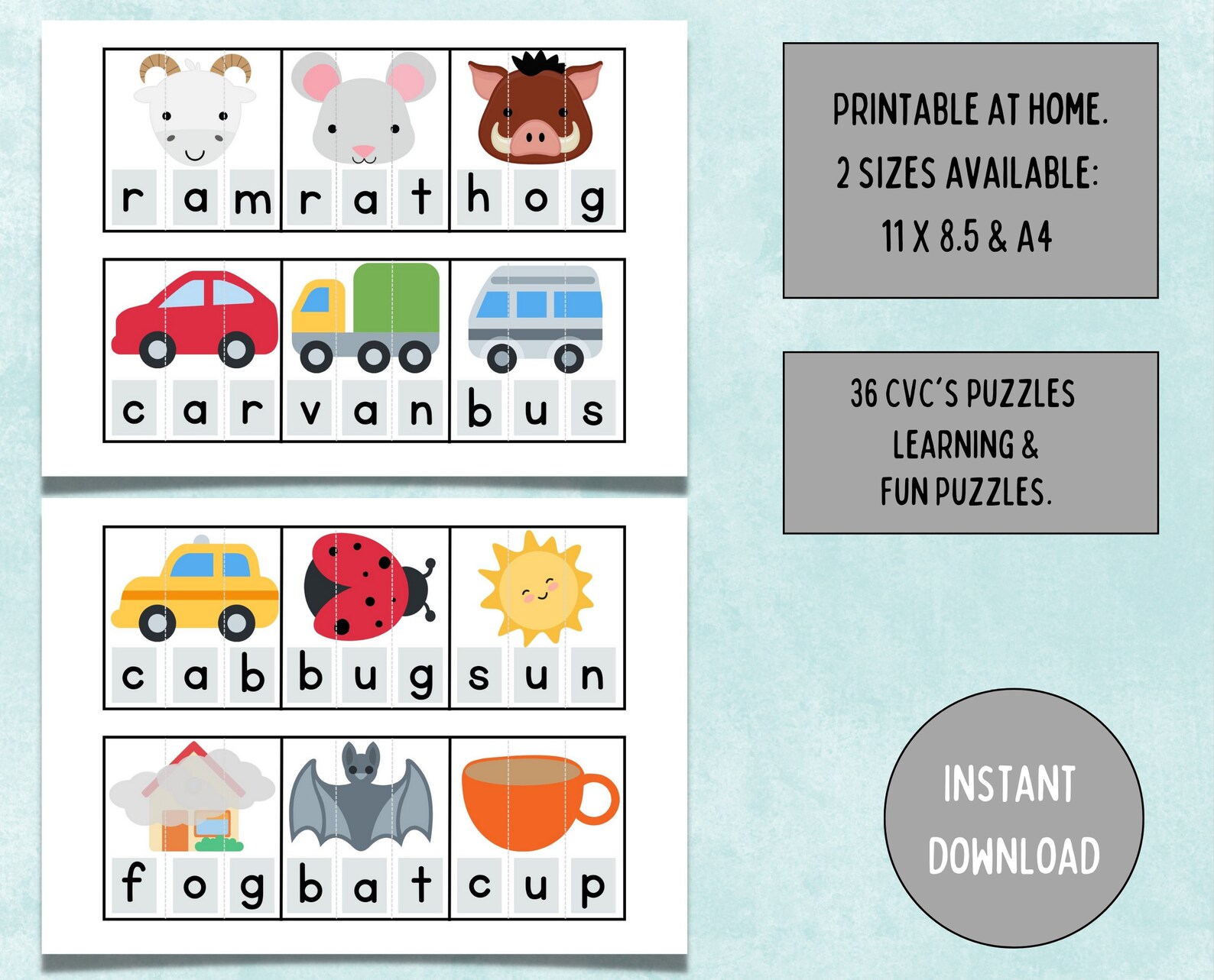 CVC Printable Word Puzzles, Preschool Worksheets, Homeschool CVC ...
