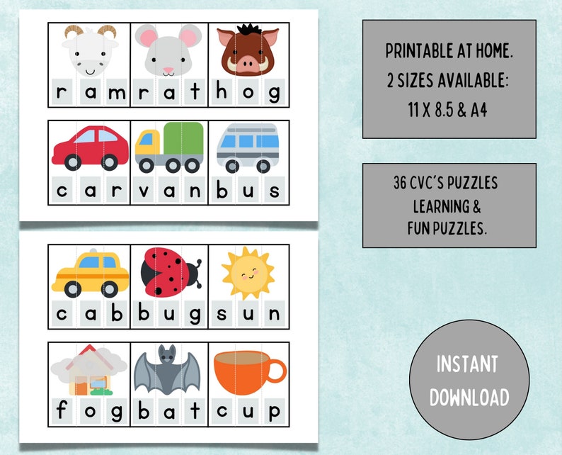 CVC Printable Word Puzzles, Preschool Worksheets, Homeschool CVC ...
