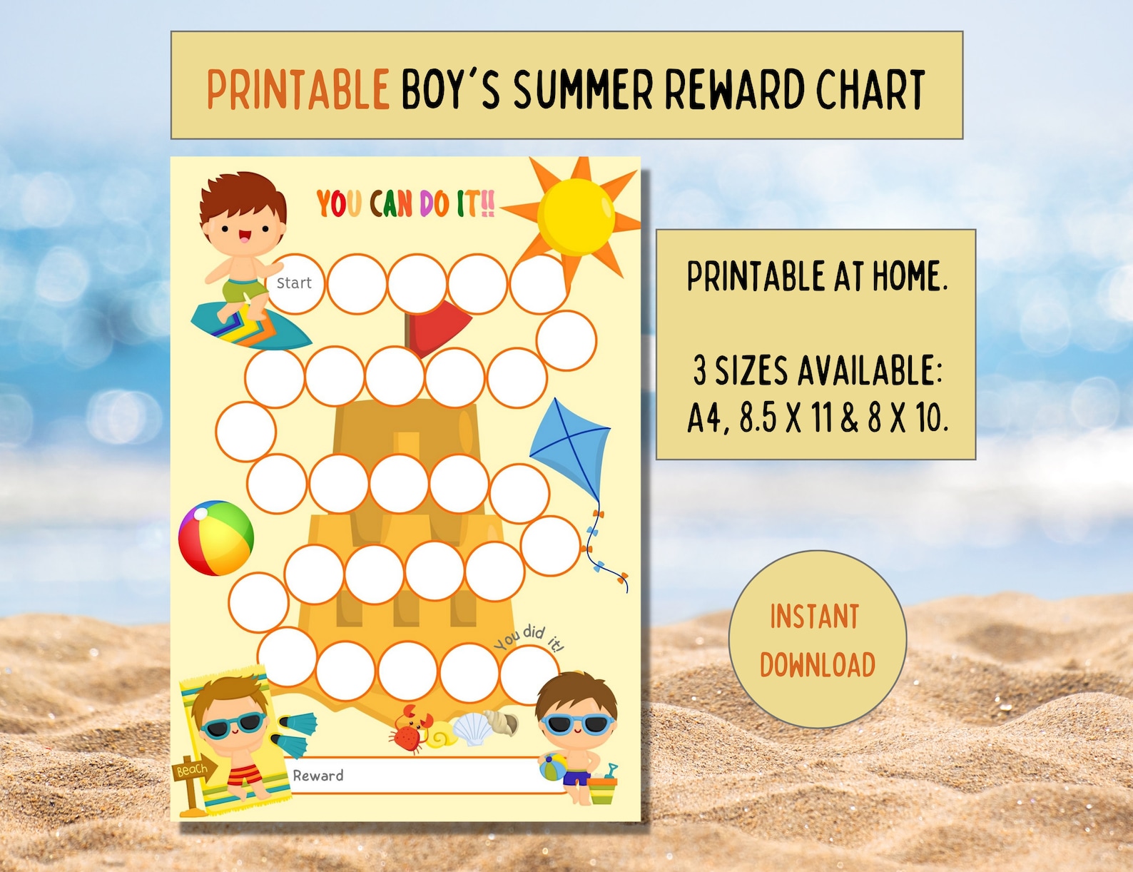 Printable Sticker Chart, Beach Reward Chart, Summer Behavior Chart Kids ...