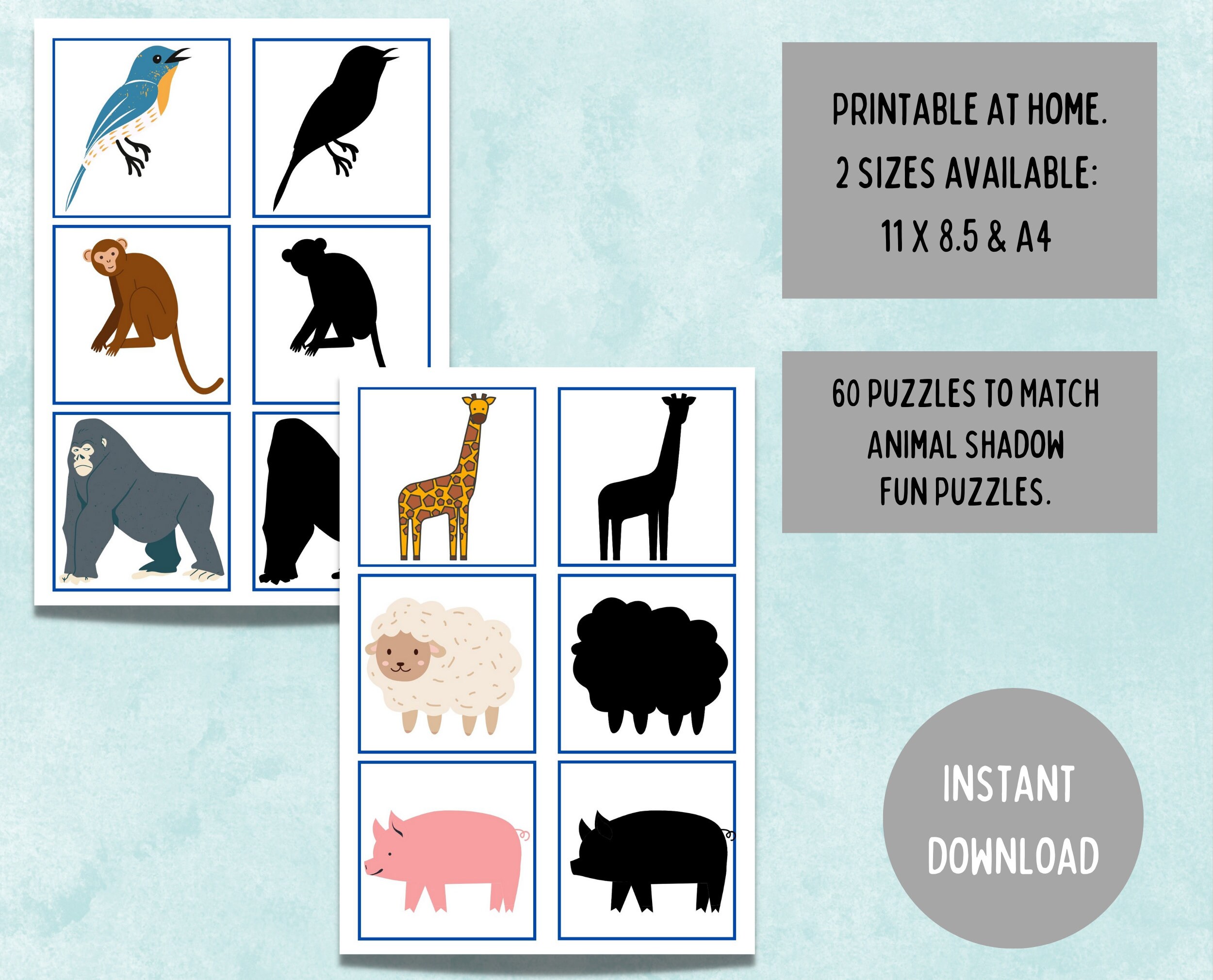 Animal Shadow Matching Printable Cards, Preschool Shadow Matching Game ...