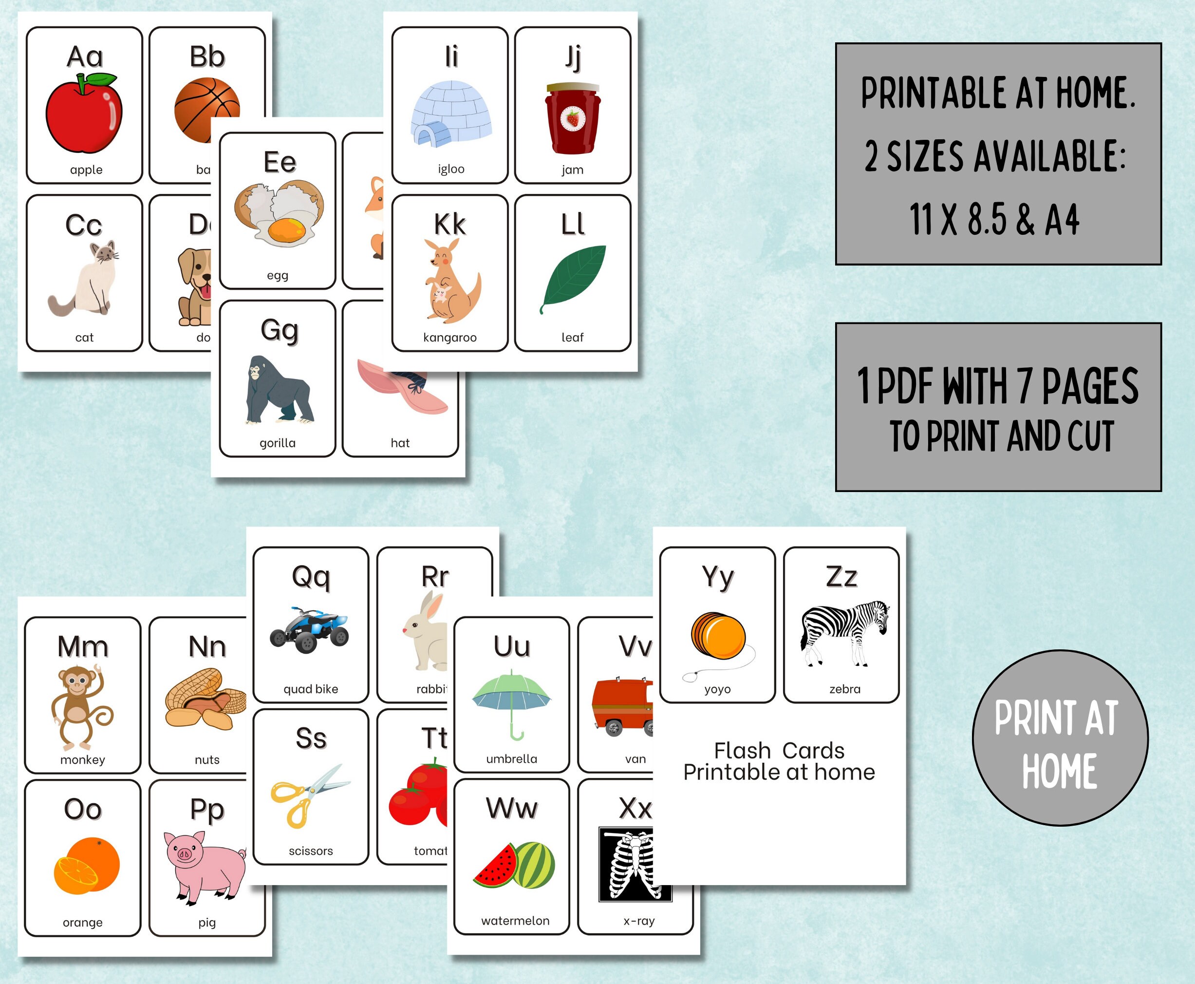 Alphabet Flashcards Printable ABC Picture Cards Preschool - Etsy