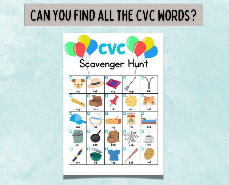 Printable CVC Scavenger Hunt CVC Look and Find Kids Summer - Etsy