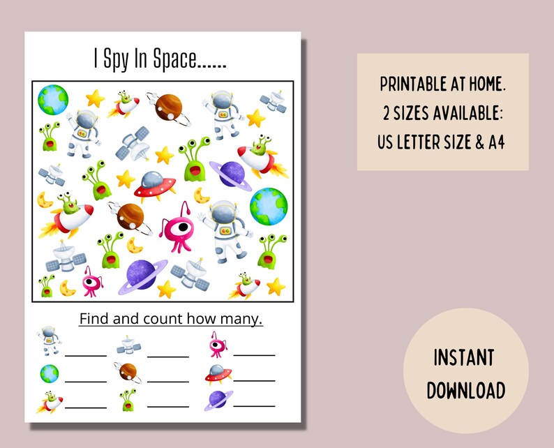I Spy Game Preschool Worksheets I Spy in Space Kindergarten - Etsy
