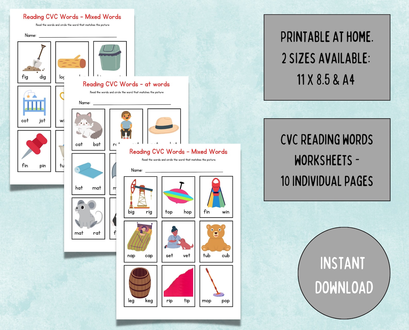 CVC Printable, CVC Worksheets, CVC Word Picture Cards, Learn to Read ...