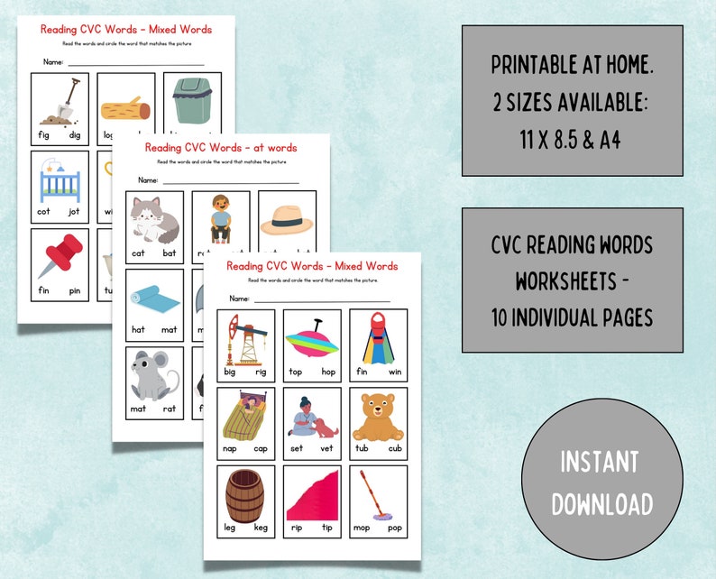 CVC Printable, CVC Worksheets, CVC Word Picture Cards, Learn to Read ...