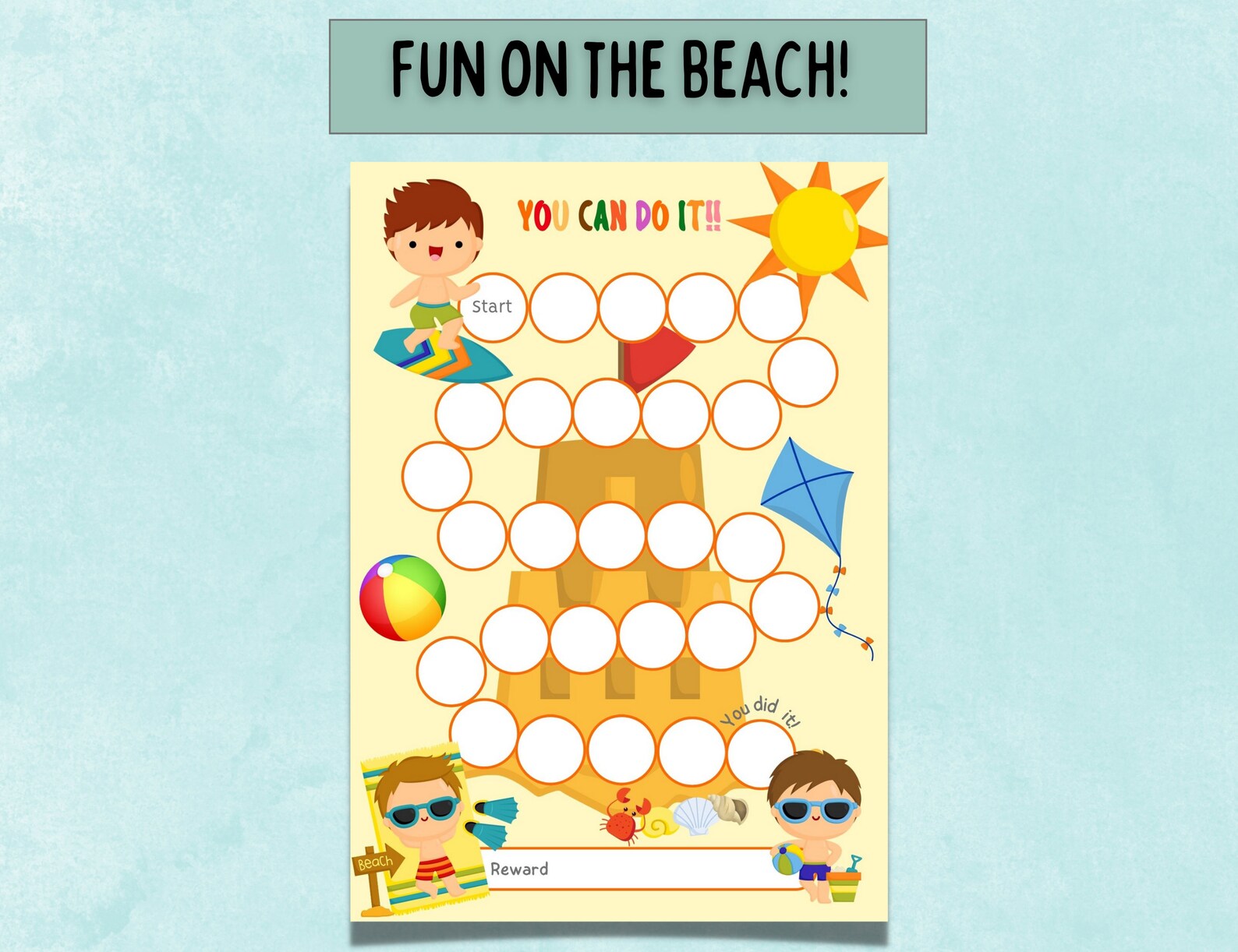 Summer Reward Chart for Kids Printable, Boys Sticker Chart Printable ...