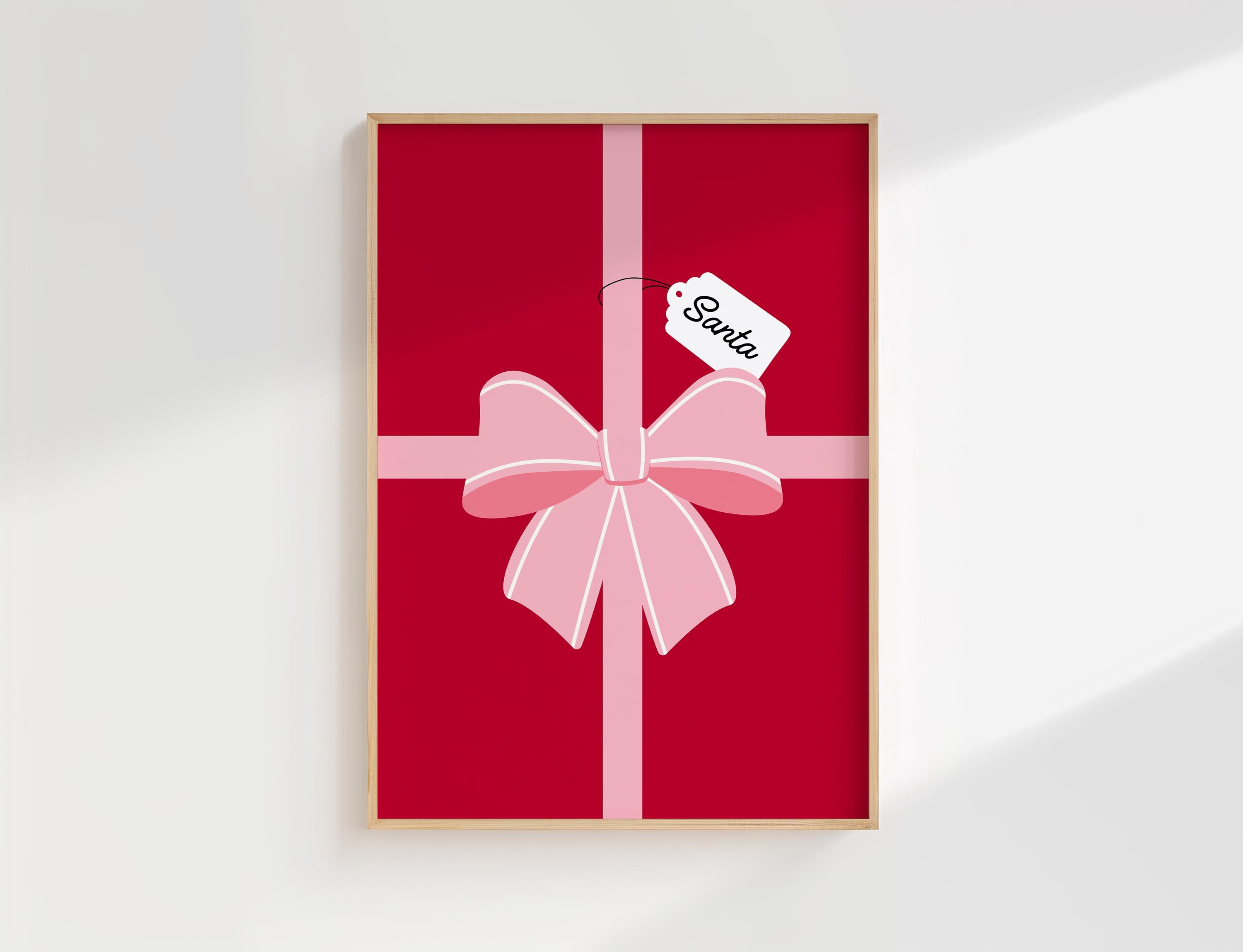 Santa Gift Print, Red Christmas Wall Art, Christmas Bow Print, Red and ...