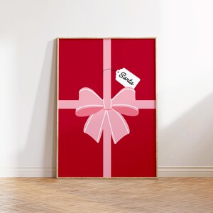 Santa Gift Print, Red Christmas Wall Art, Christmas Bow Print, Red and ...