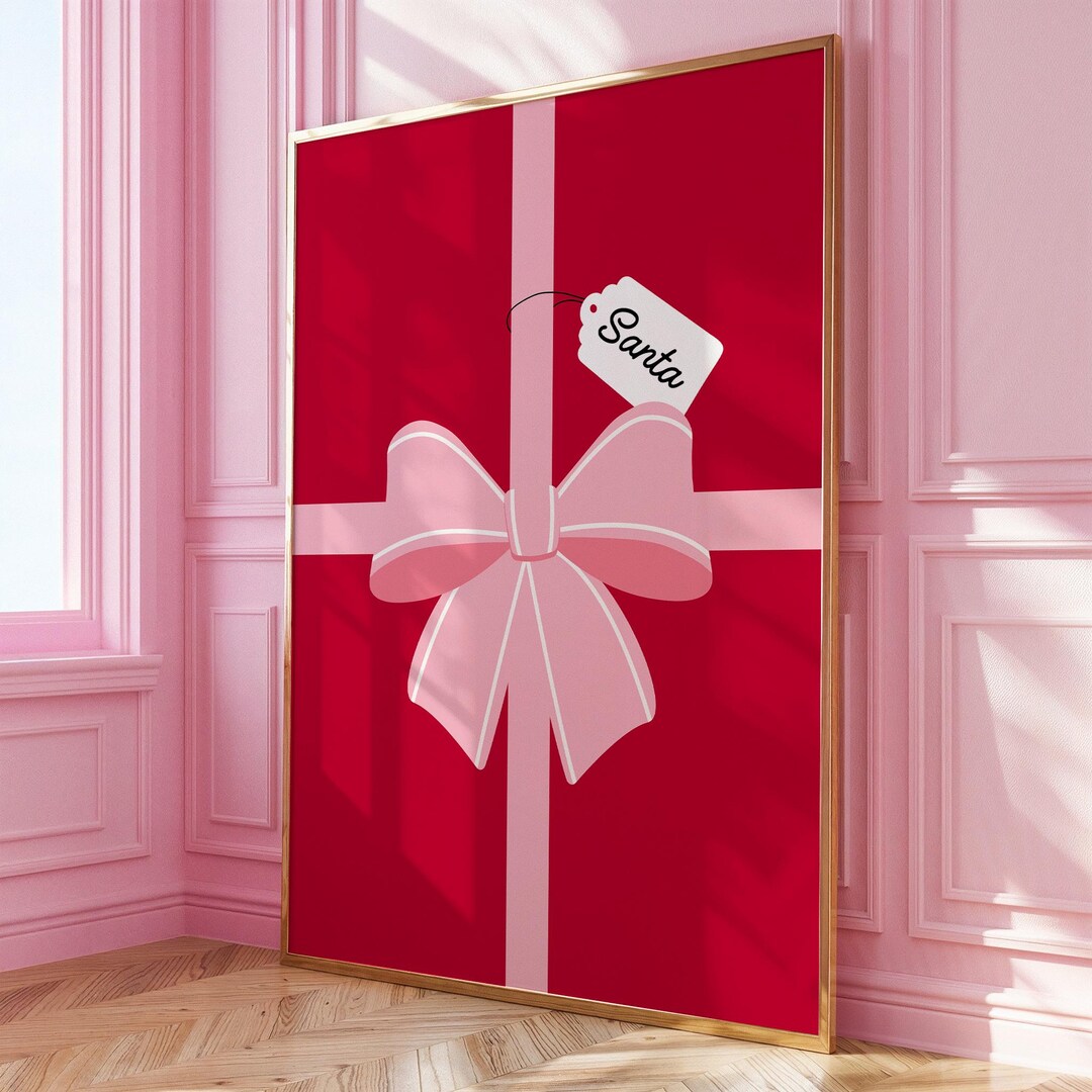 Santa Gift Print, Red Christmas Wall Art, Christmas Bow Print, Red and ...