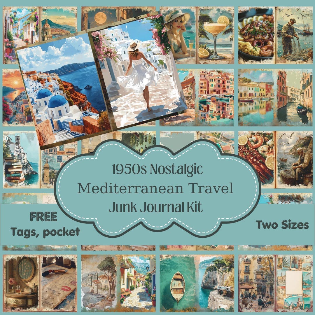 Retro Mediterranean Travel Junk Journal Kit: 1950s Seaside Printables ...