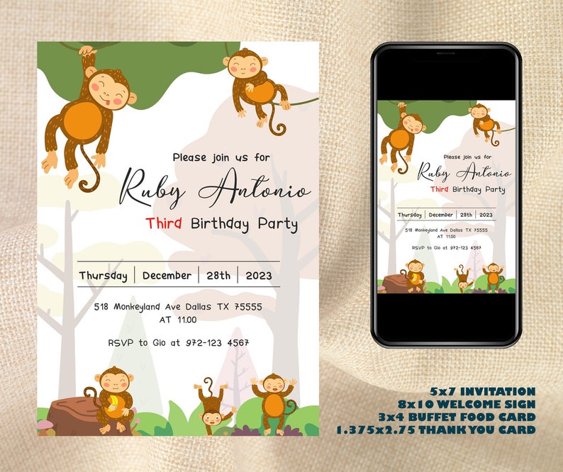 Digital Editable Monkey Theme Party Canva - Etsy