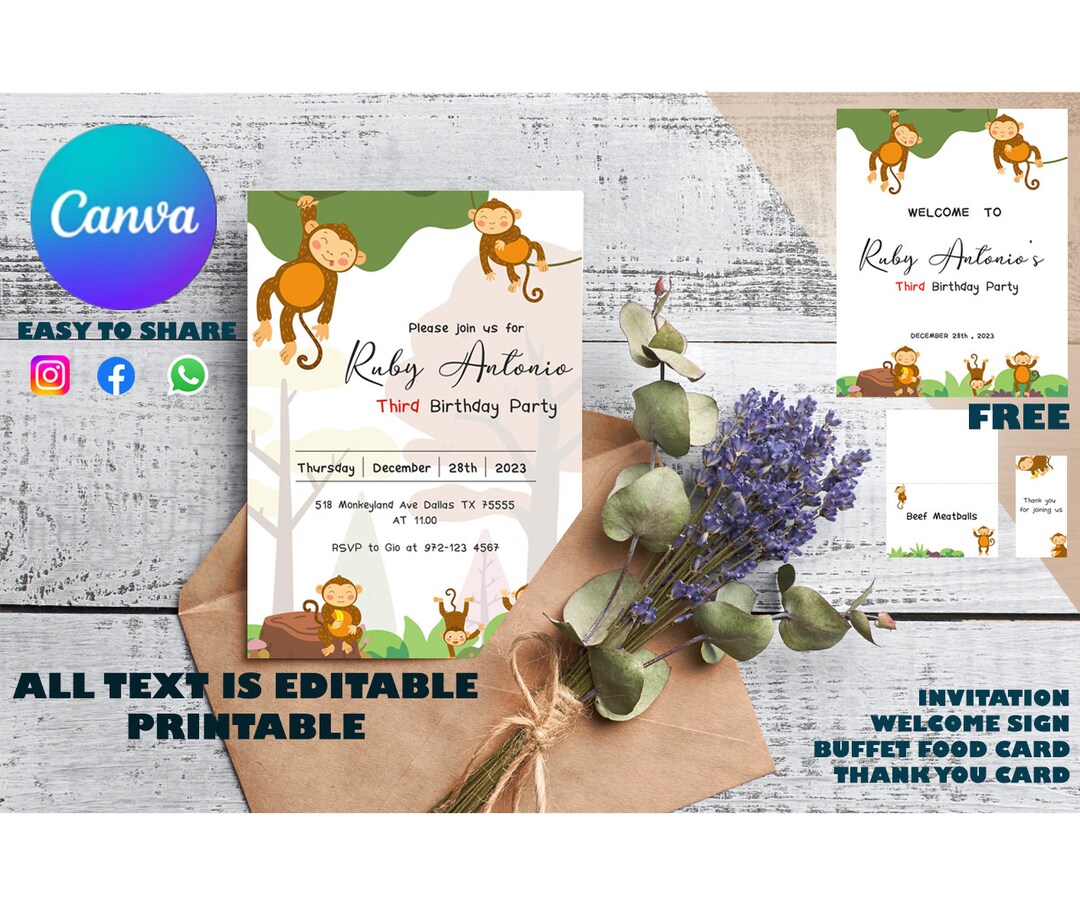 Digital Editable Monkey Theme Party Canva - Etsy