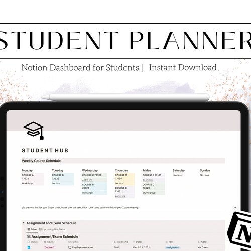 Notion Template Student Planner Academic Planner For Notion Etsy