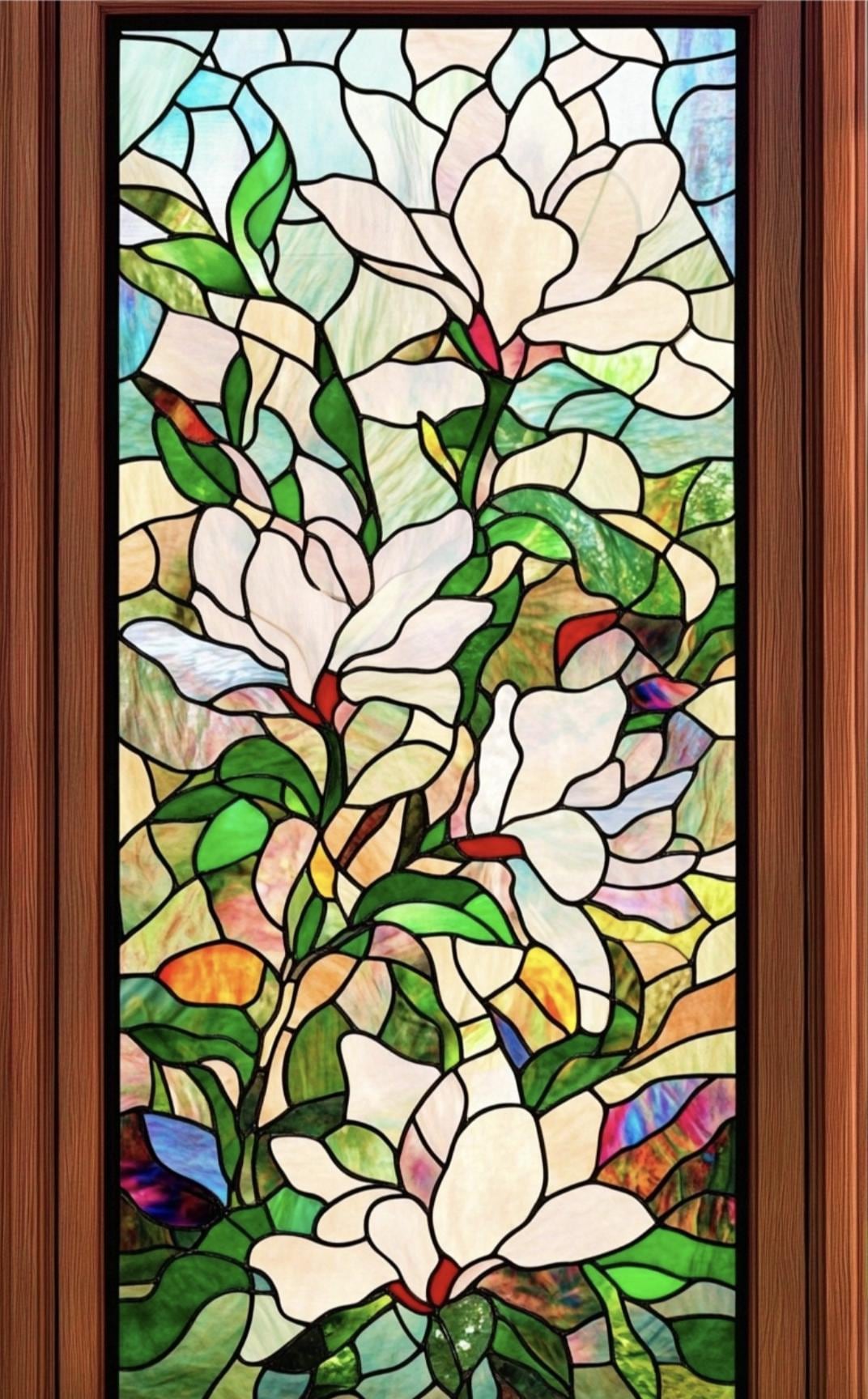 Custom Magnolia Stained Glass Window Film – Elegant White Floral ...