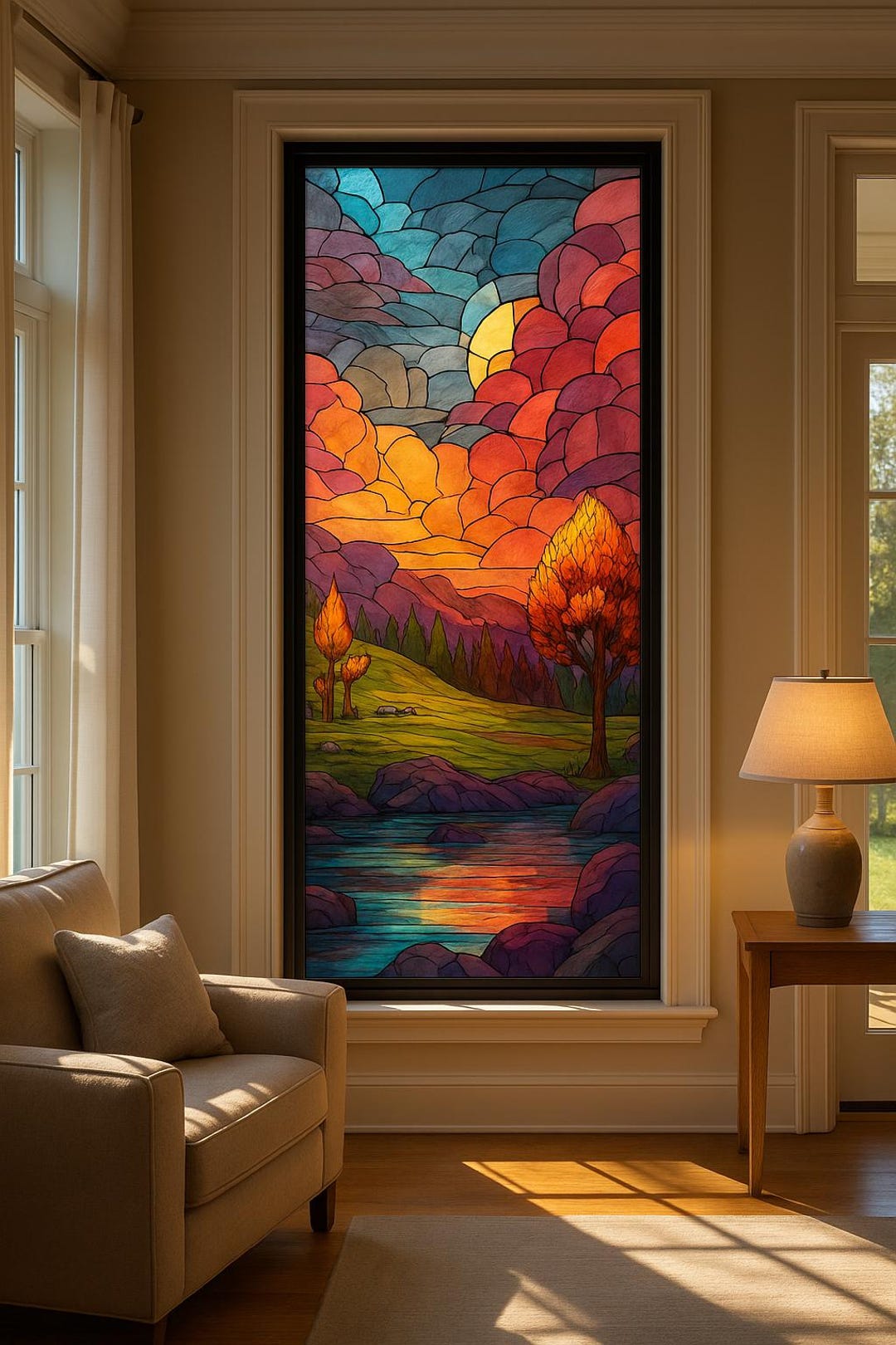 Custom Stained Glass Window Film – Mountain Sunset Landscape Privacy ...