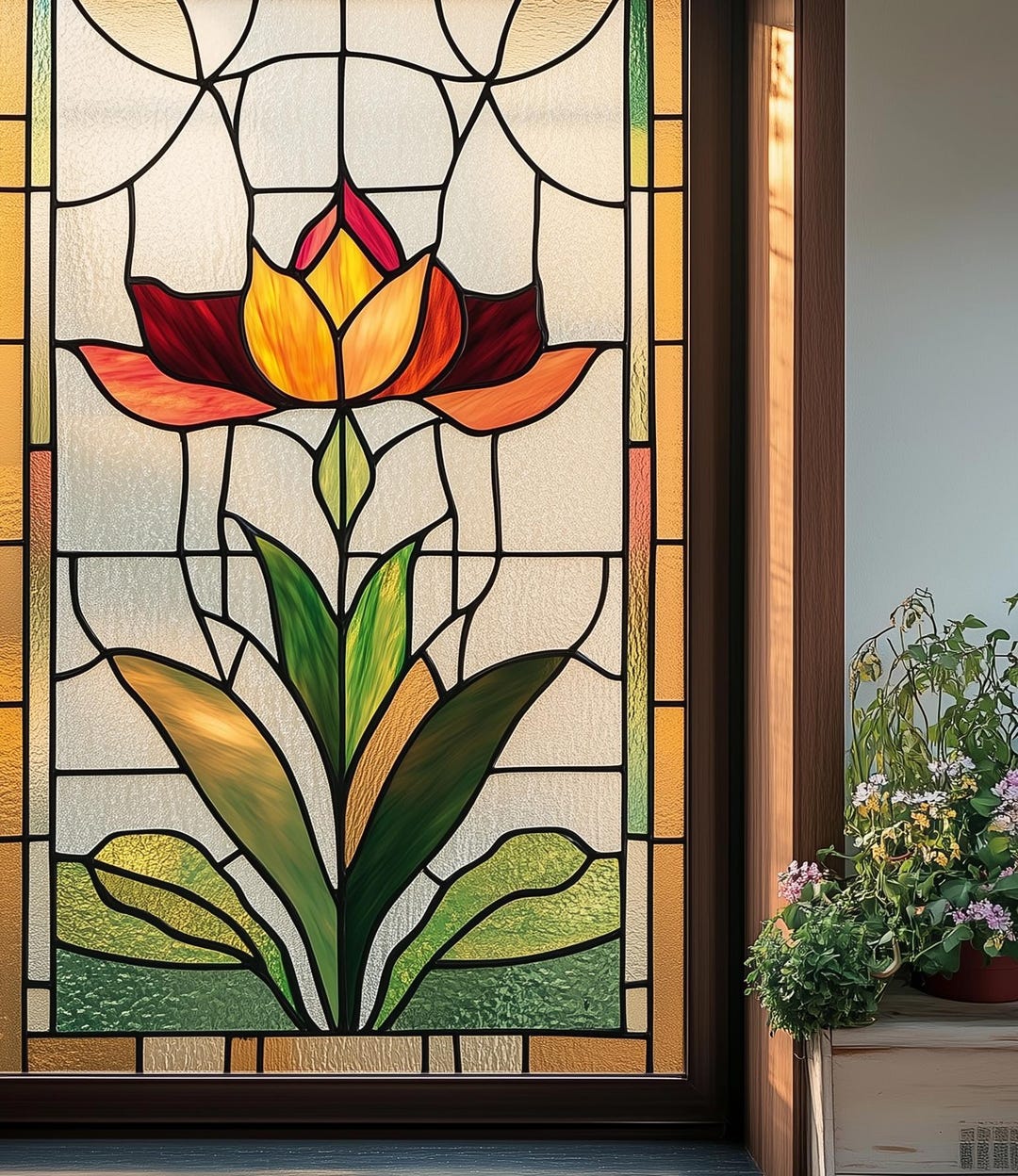 Stained Glass Window Film – Vibrant Tulip Design, Frosted Privacy ...