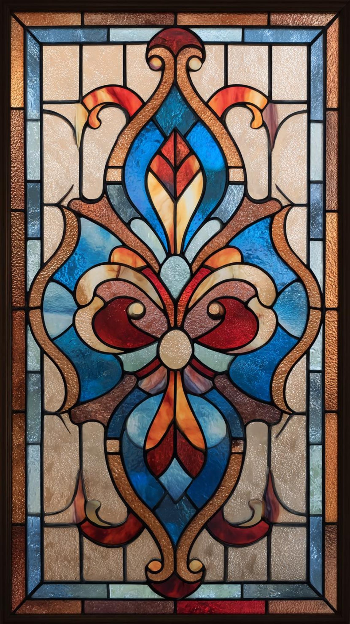 Custom Vintage Stained Glass Window Film – Blue Red Gold Ornamental ...
