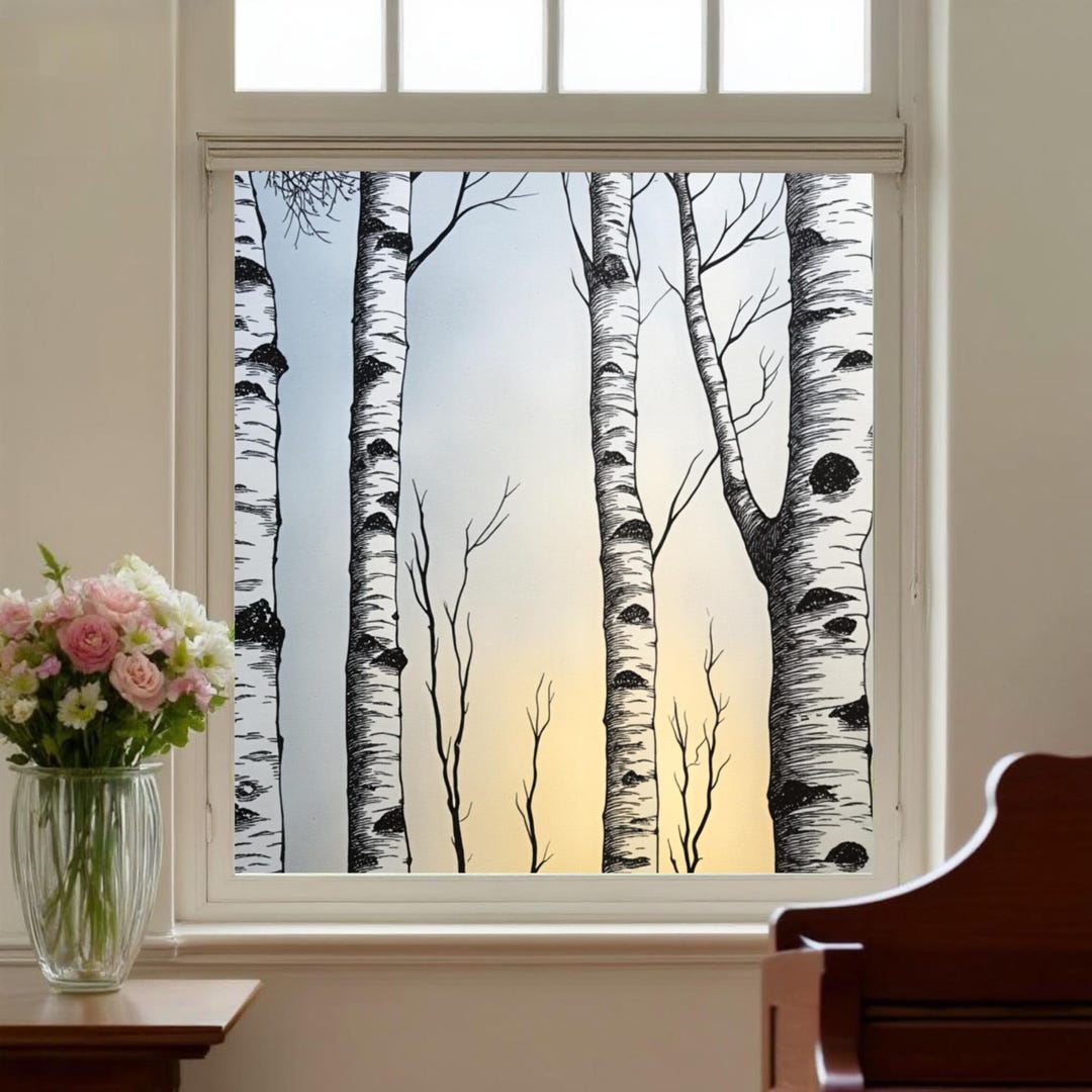 Birch Forest Window Film Minimal Nature Illustration Privacy Static ...
