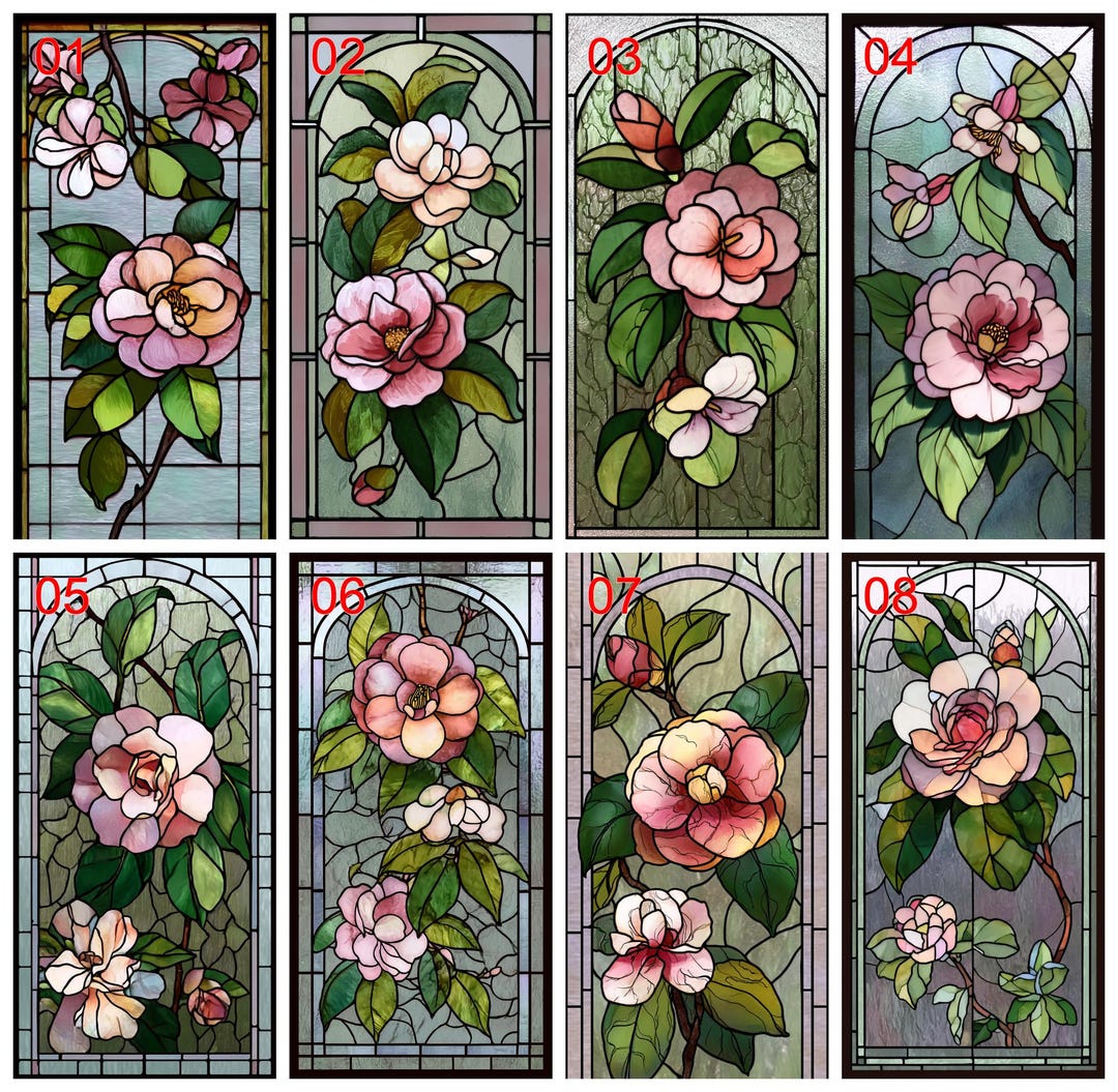 Double Camellia Stained Glass Window Film – Custom Floral Privacy Cling ...