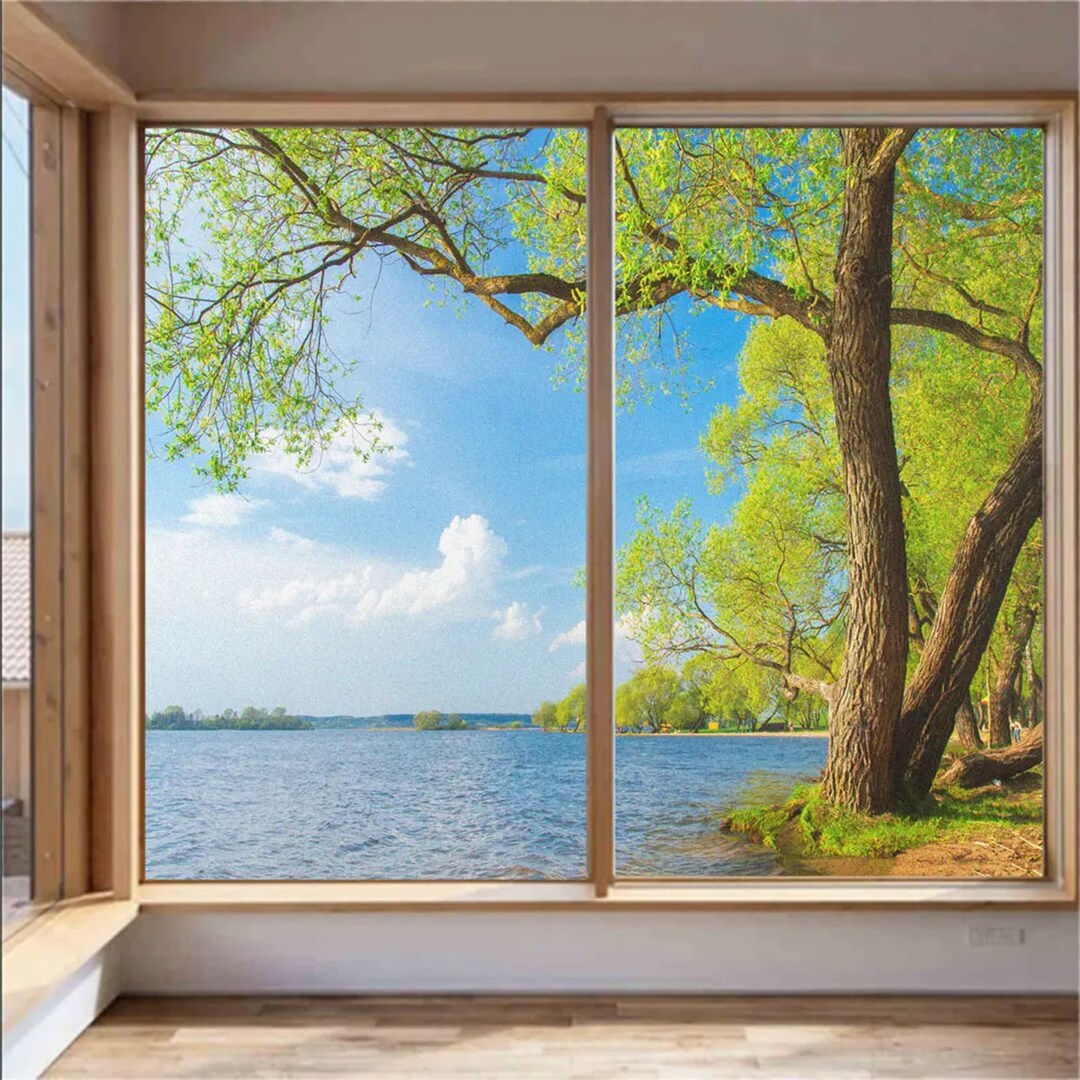 Serene Nature Window Film Privacy Lakeside Scene Frosted Glass Window ...