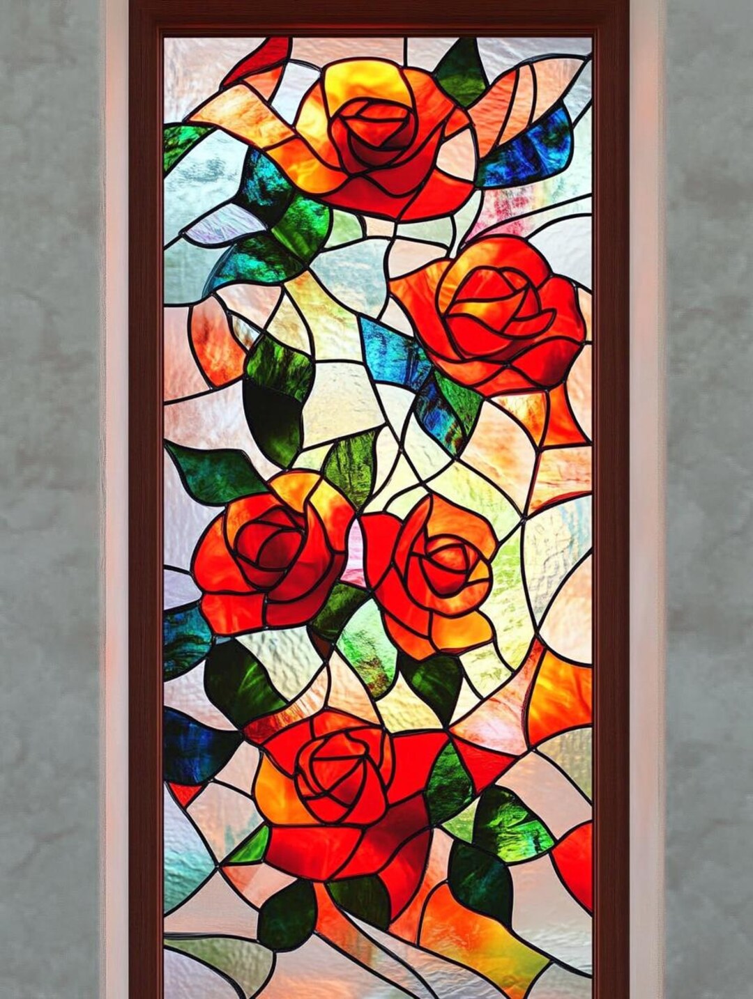 Stained Glass Window Film With Red Roses – Privacy Floral Decorative ...