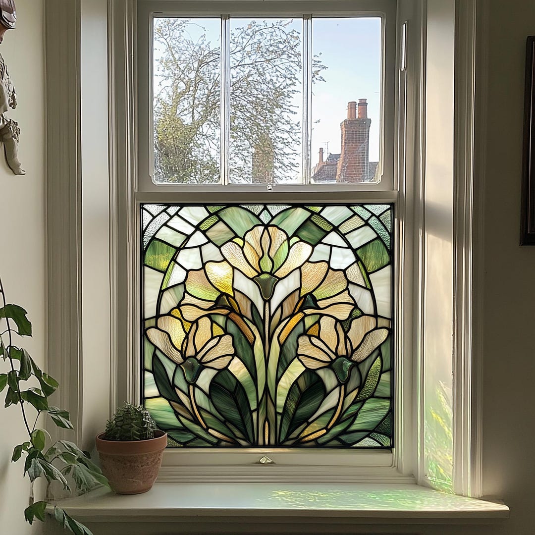 Custom Stained Glass Window Film Elegant Floral Design With Green and ...