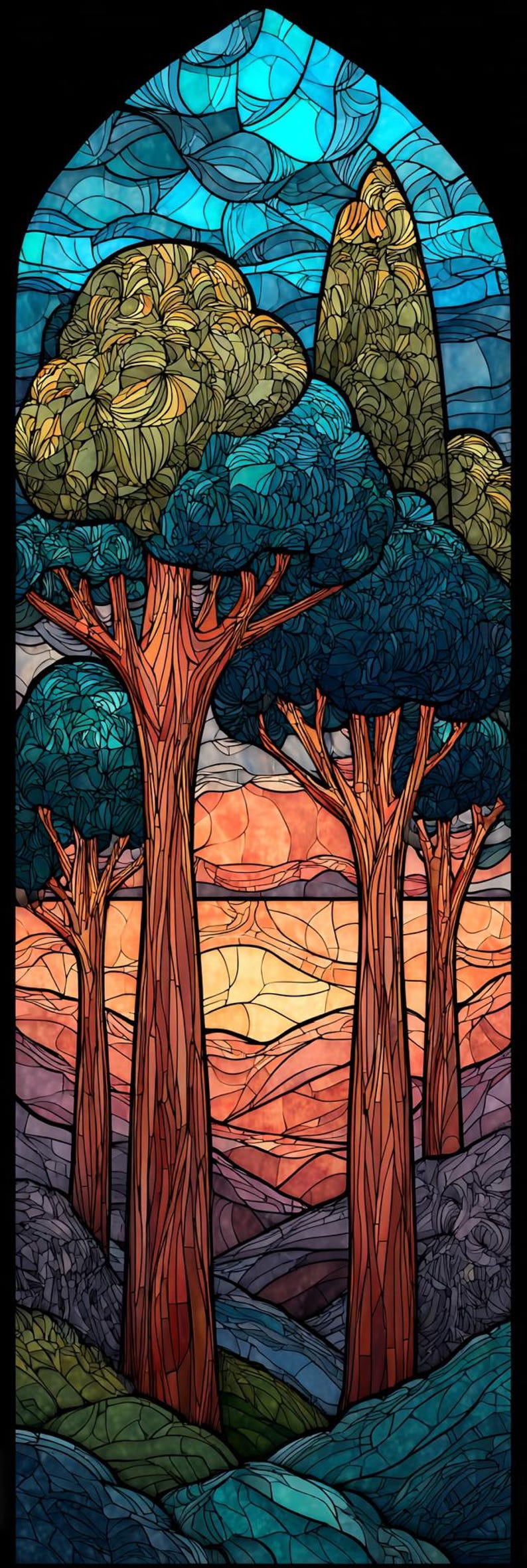 Custom Stained Glass Window Film – Tall Trees & Sunset Forest Stream ...
