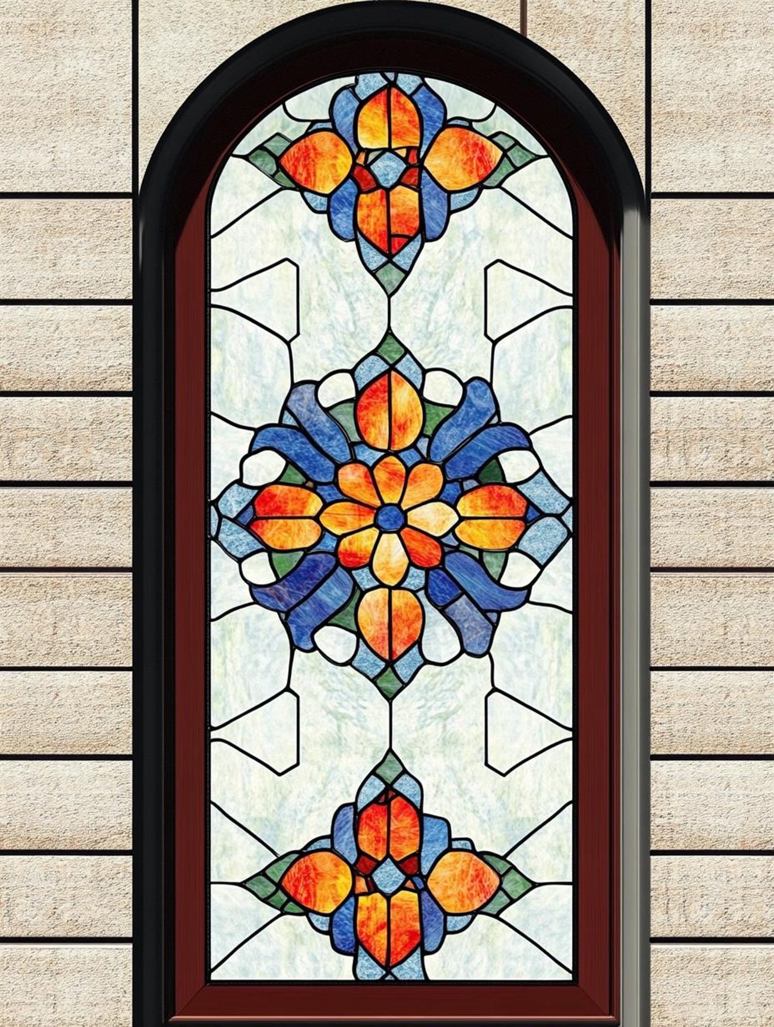 Custom Vintage Floral Stained Glass Window Film – Elegant Blue and ...