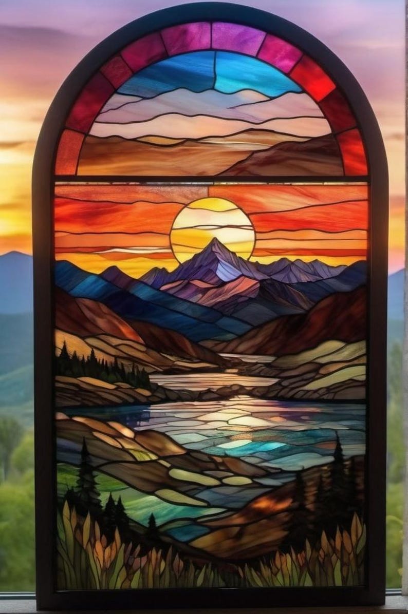 Custom Forest Sunset Stained Glass Window Film – Mountain River Scene ...