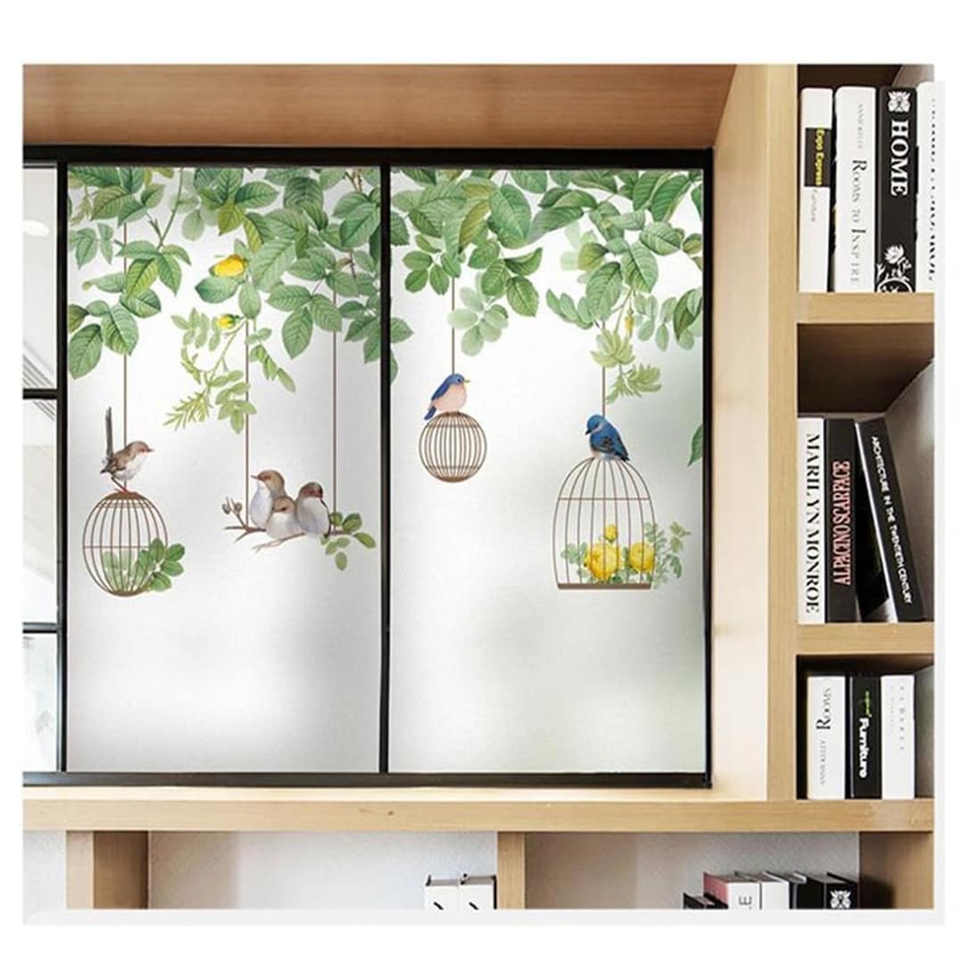 Birds on Green Plant Window Clings, Removable Green Leaf Window ...