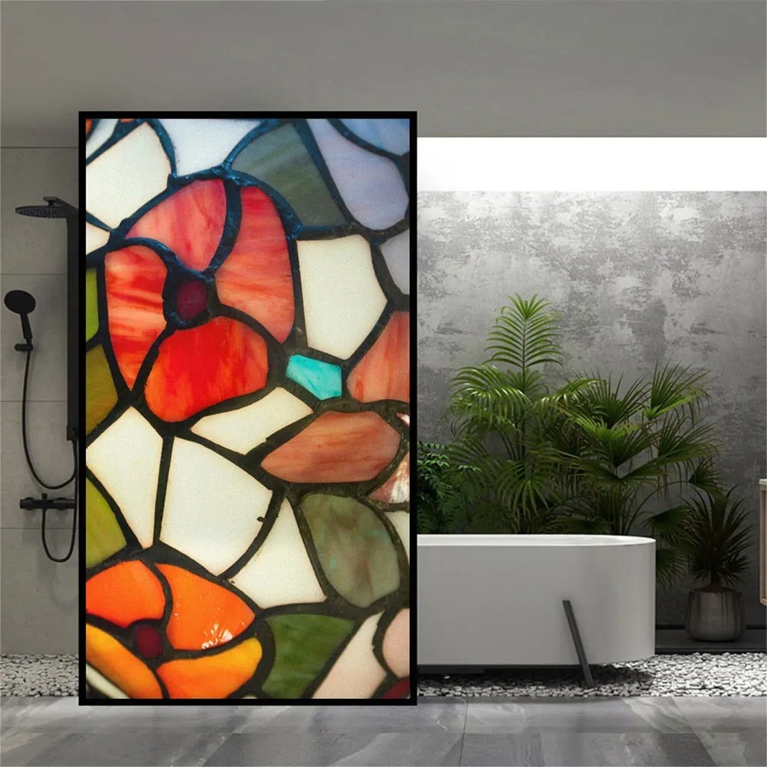 Custom Size Privacy Window Film - Plaid Flowers Pattern, Frosted Glass ...