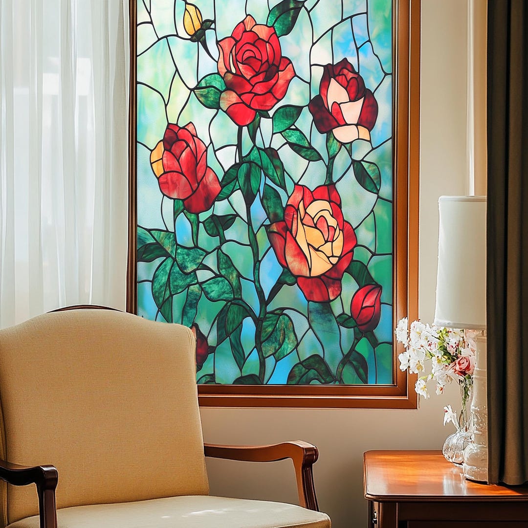 Romantic Rose Stained Glass Window Film – Elegant Floral Privacy Decal ...