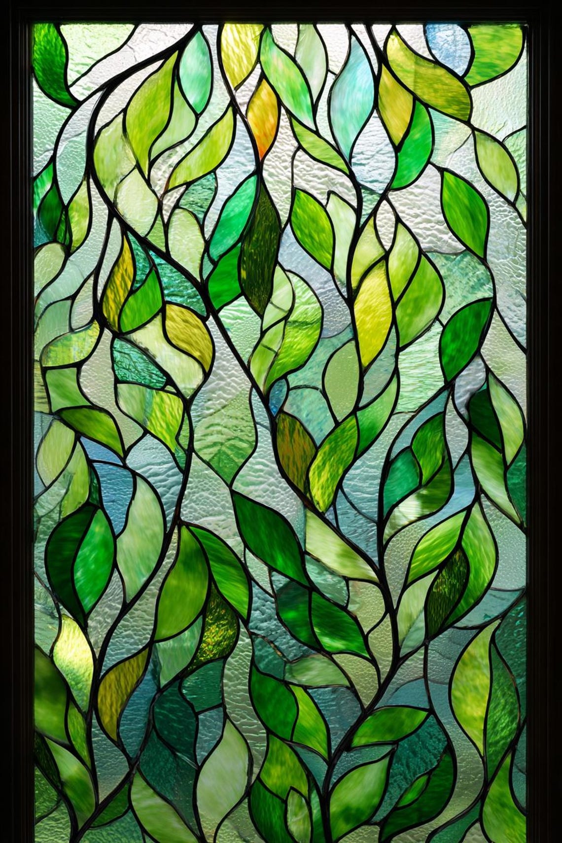 Custom Green Leaf Stained Glass Window Film – Botanical Privacy Cling ...