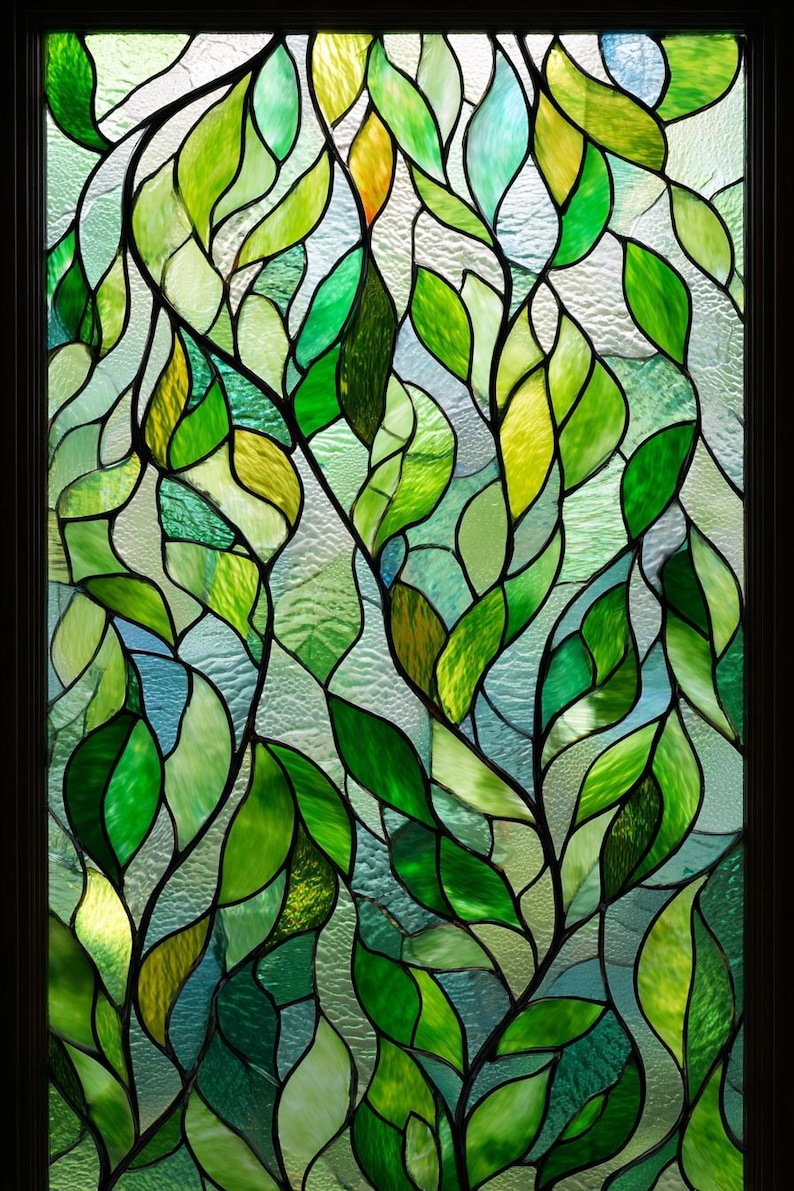 Custom Green Leaf Stained Glass Window Film – Botanical Privacy Cling ...