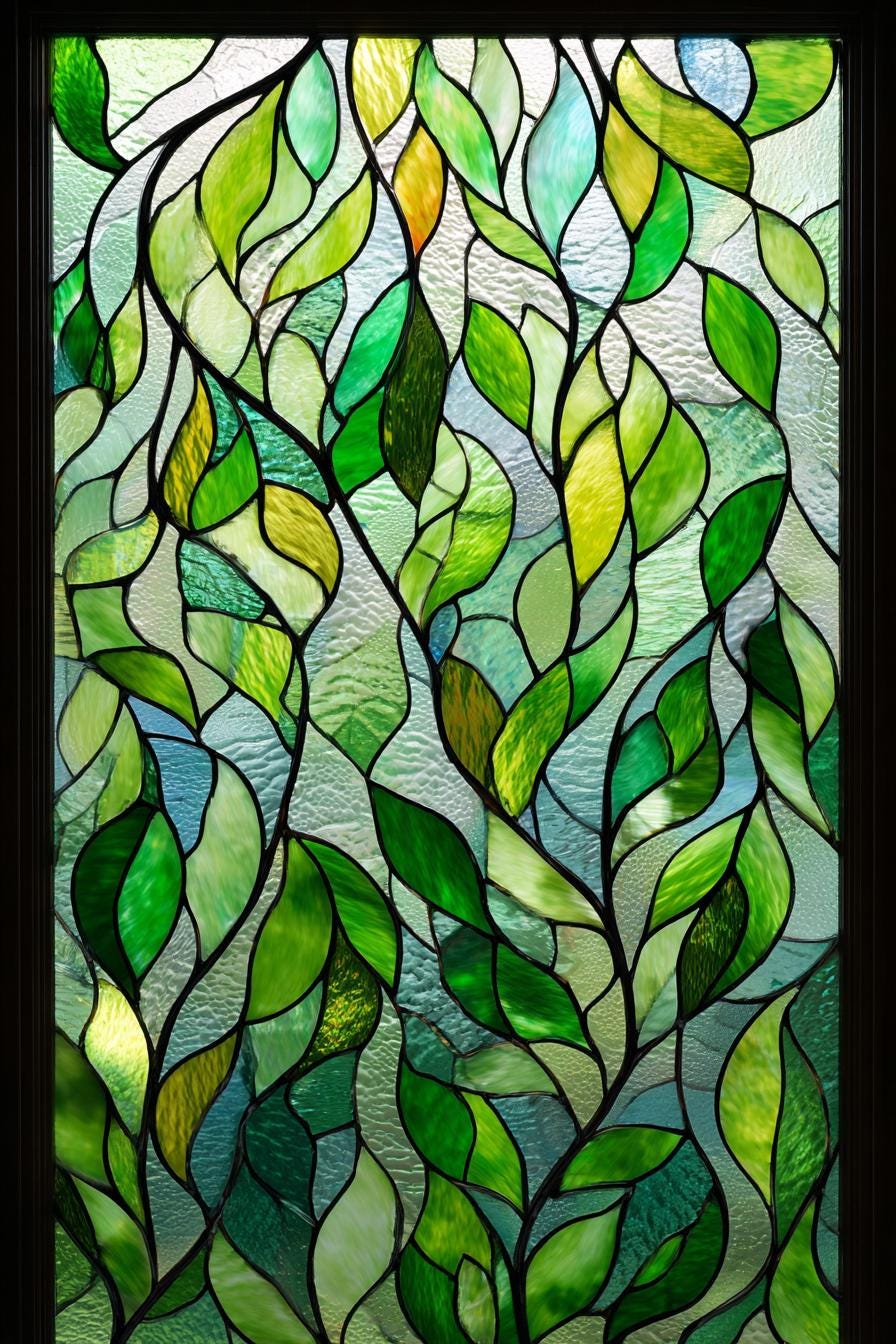 Custom Green Leaf Stained Glass Window Film – Botanical Privacy Cling ...