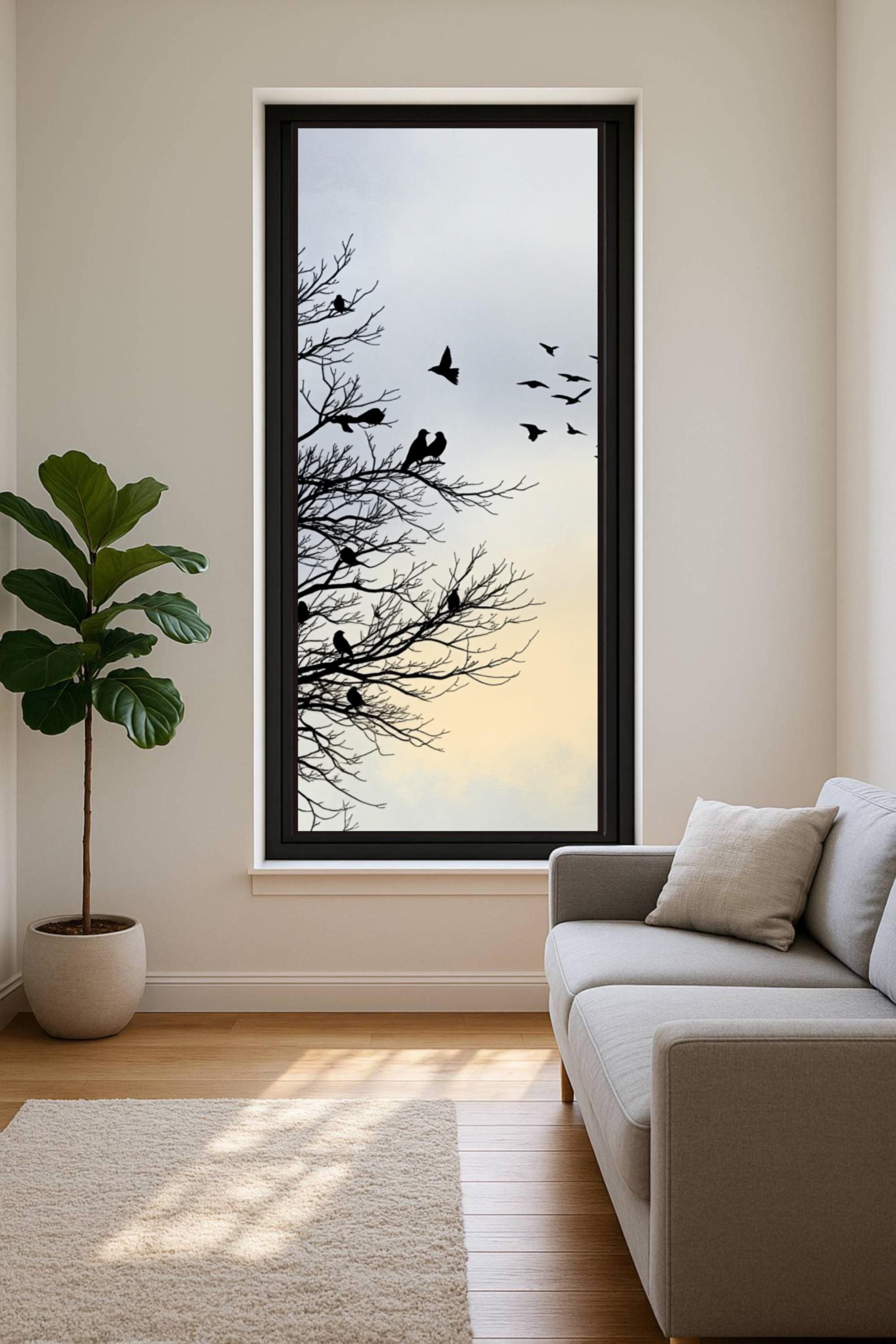 Bird Silhouette Tree Window Film Frosted Privacy Static Cling Custom ...