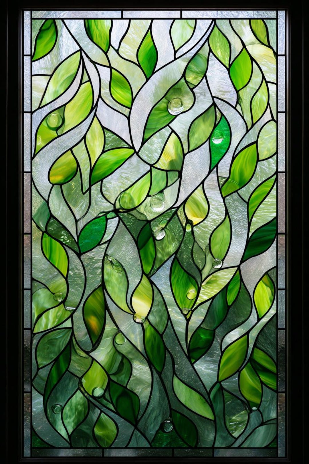 Custom Green Leaf Stained Glass Window Film – Botanical Privacy Cling ...