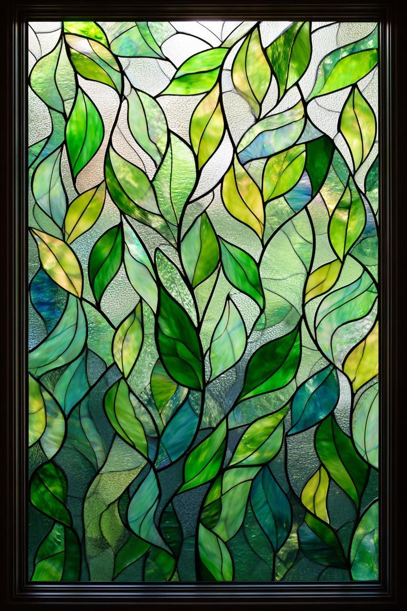 Custom Green Leaf Stained Glass Window Film – Botanical Privacy Cling ...
