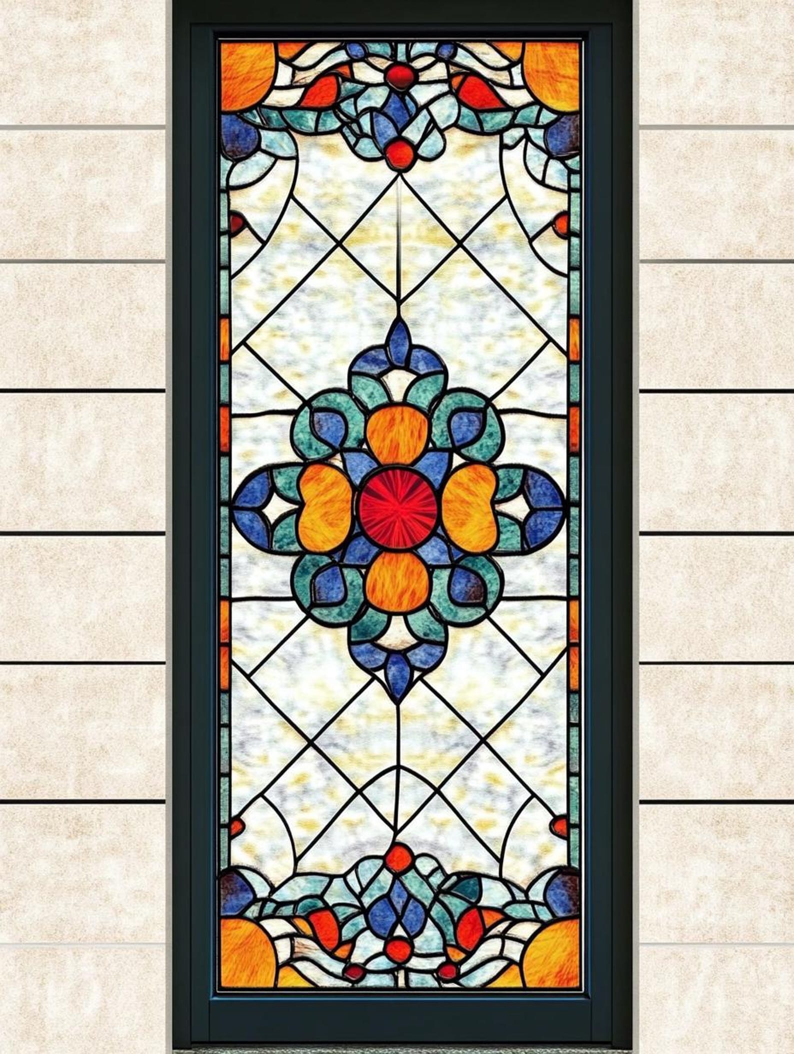 Custom Vintage Floral Stained Glass Window Film – Elegant Blue and ...