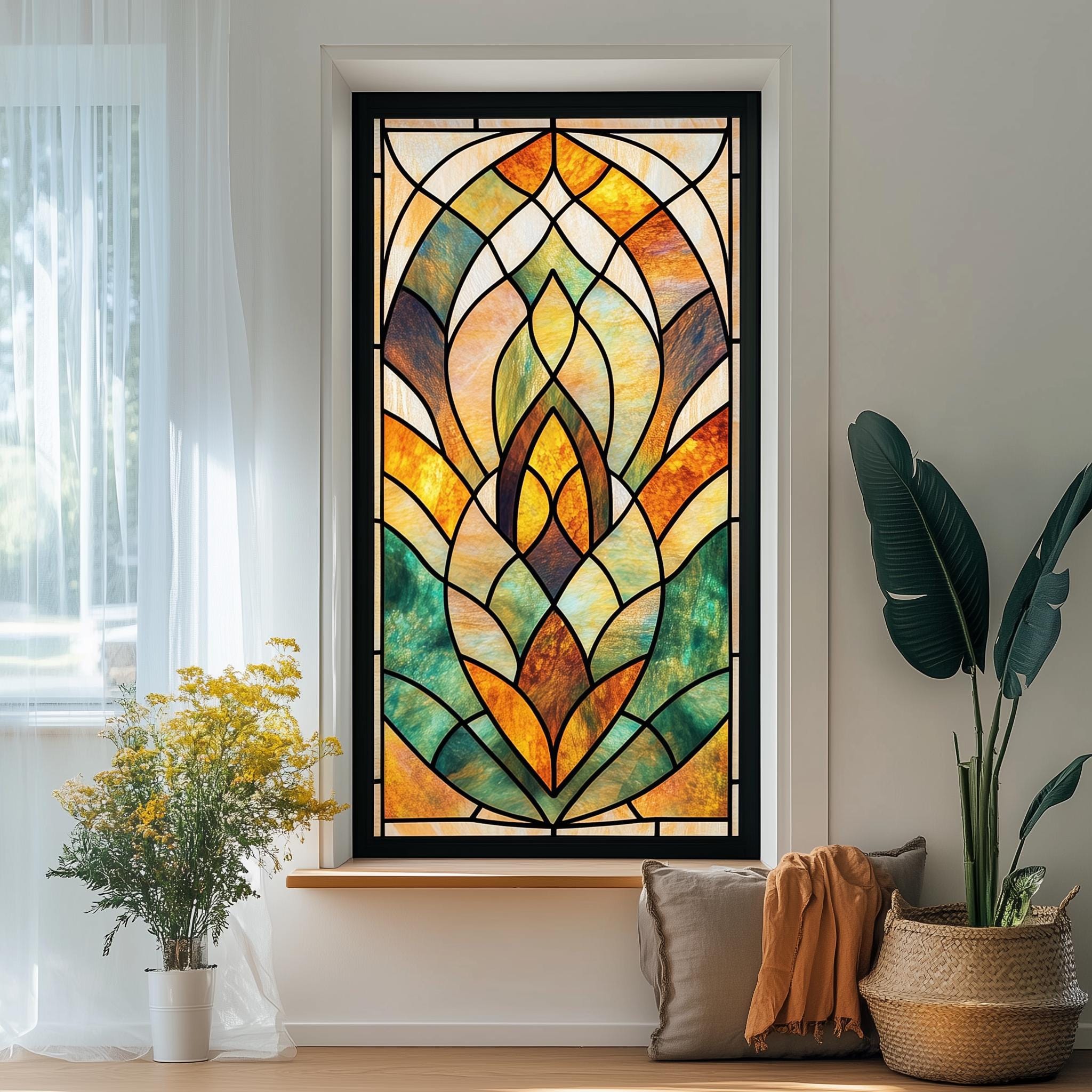 Custom Stained Glass Window Privacy Film – Art Deco Floral Design ...