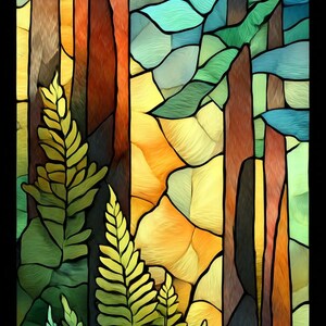 Custom Stained Glass Window Film – Forest Fern Design With Sunset Glow ...
