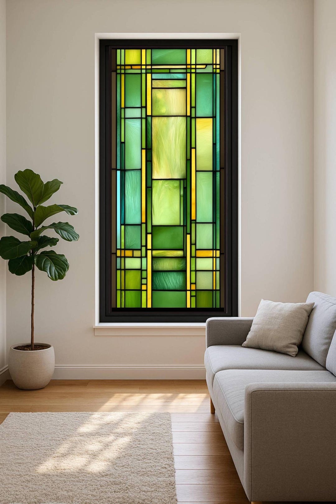 Modern Art Deco Green Stained Glass Window Cling – Custom Size Privacy ...