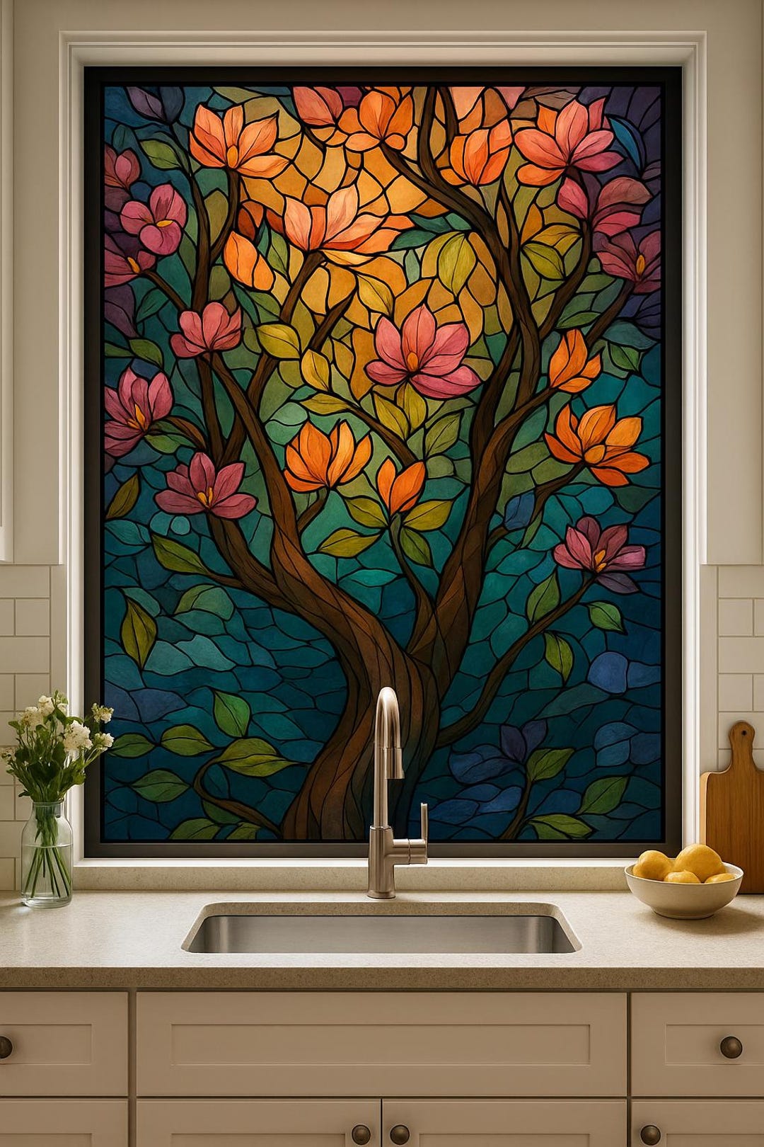 Custom Stained Glass Window Film – Floral Magnolia Tree Design for ...