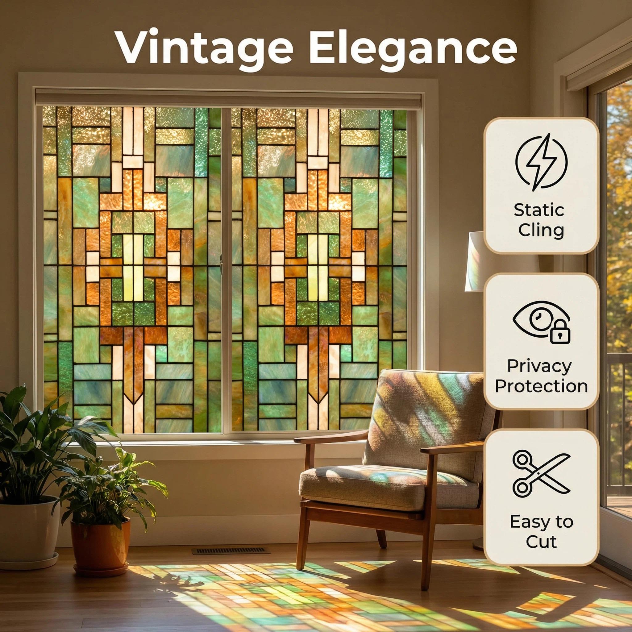 Art Deco Geometric Stained Glass Window Film | Earth Tone Mosaic Static ...