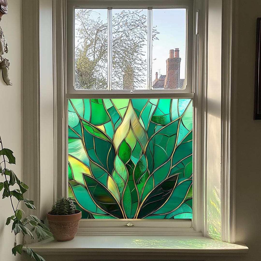 Custom Stained Glass Window Film Nature-inspired Green Leaf Design for ...