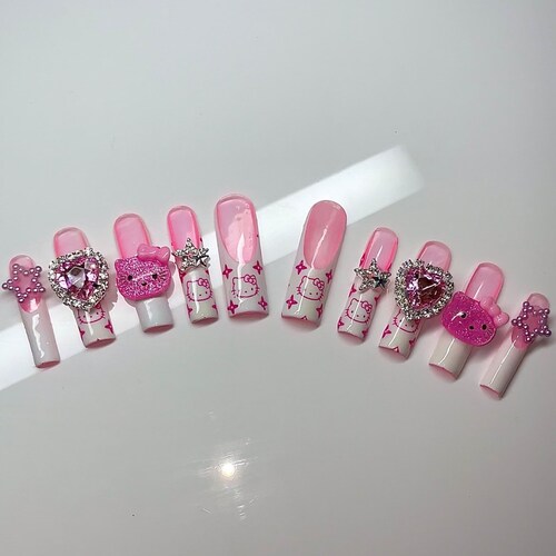 Pink Designer French Tip Press on Set - Etsy