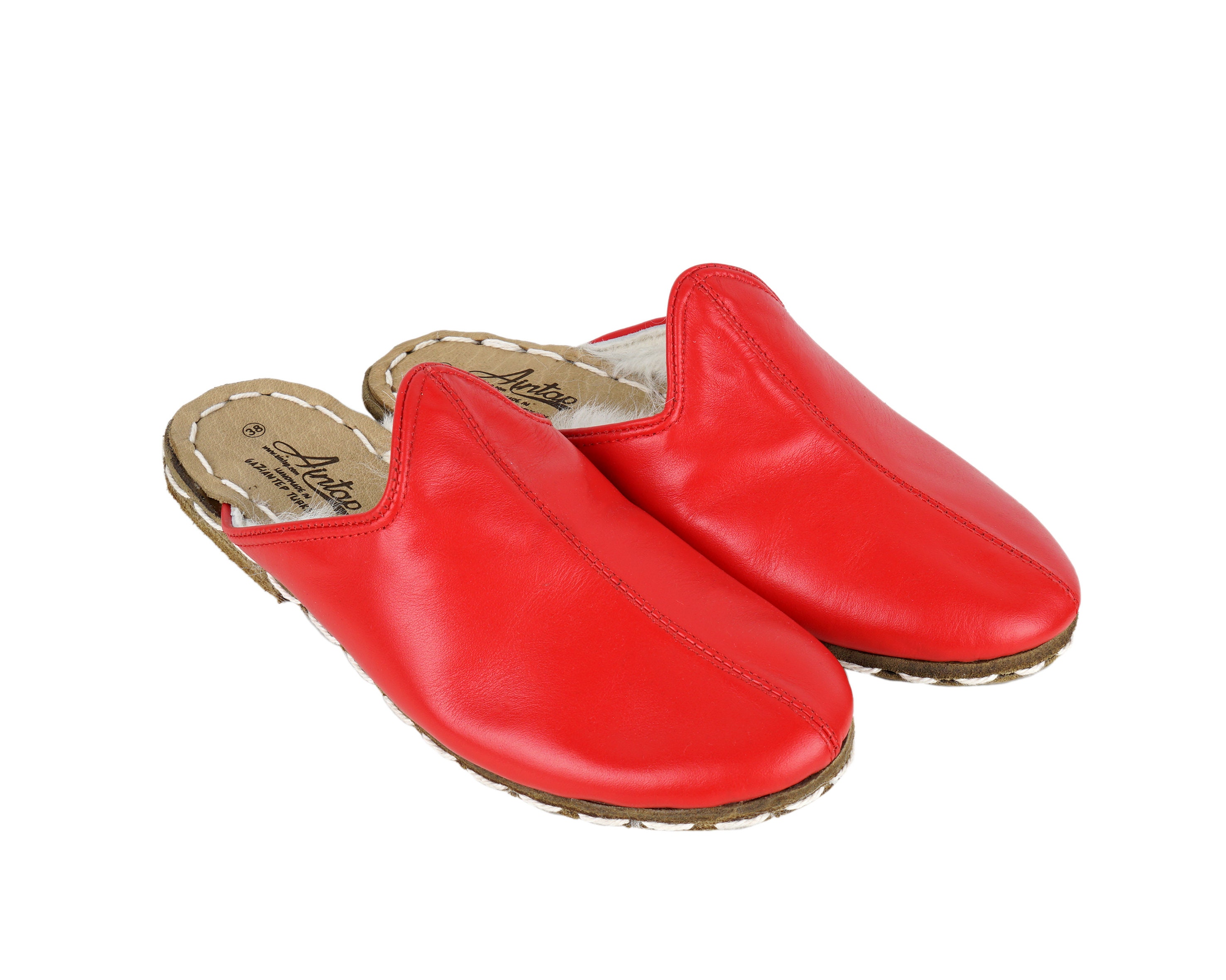 Women Handmade Stitched Mule SHEARLING RED Smooth Leather Handmade ...